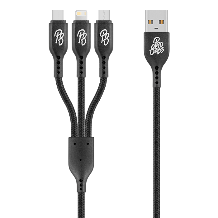 Pro Bass Braided 3 in 1 Charge Cable - Black | Brand Innovation